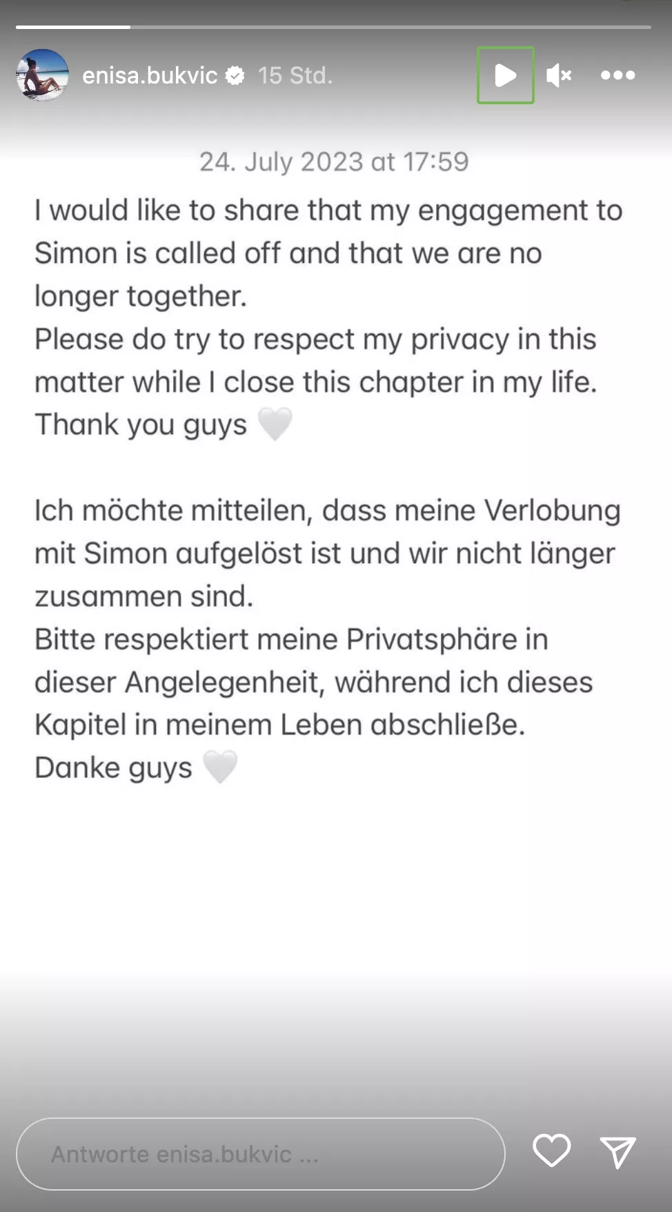 Simon Desue: Seine Verlobte Enisa Bukvic gibt die Trennung bekannt ...